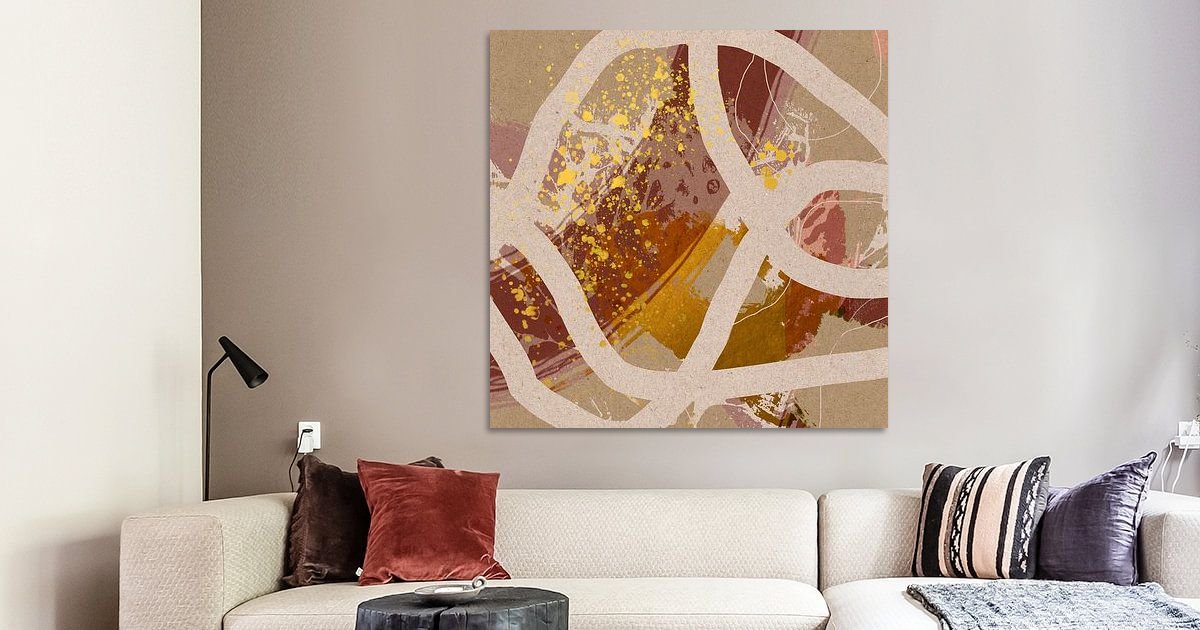 Abstracte retro botanische bladeren in beige, roze, goud van Dina Dankers op canvas, behang en meer